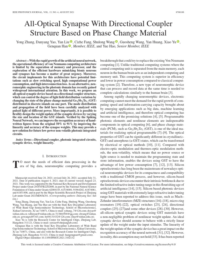 All-Optical Synapse With Directional Coupler Structure Based On Phase ...