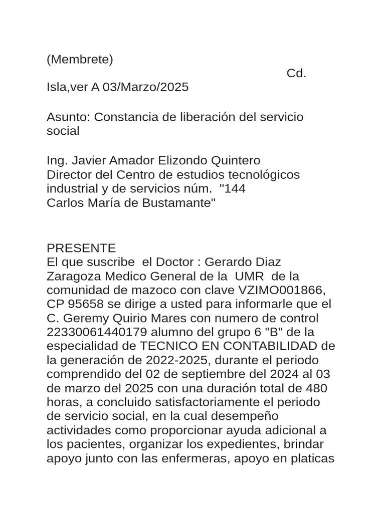 Constancia de Servicio Social CETIS 144 | PDF