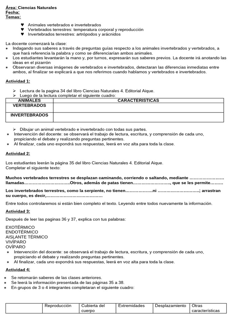 Ciencias Naturales Animales Vertebrados e Invertebrados | PDF ...