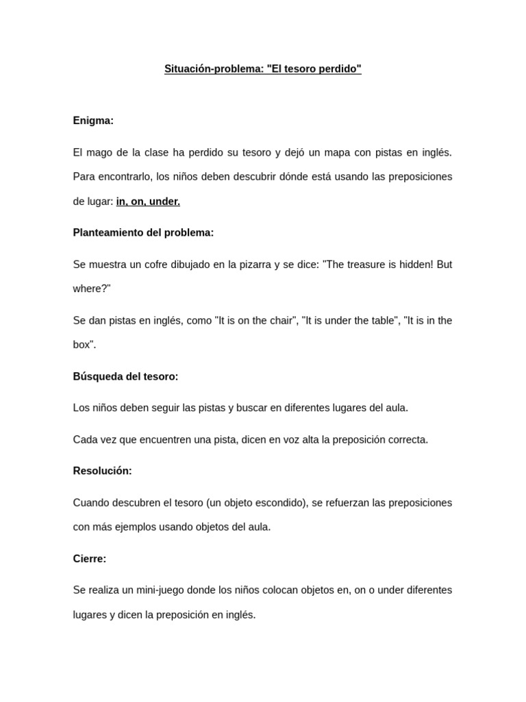 Búsqueda del Tesoro con Preposiciones | PDF