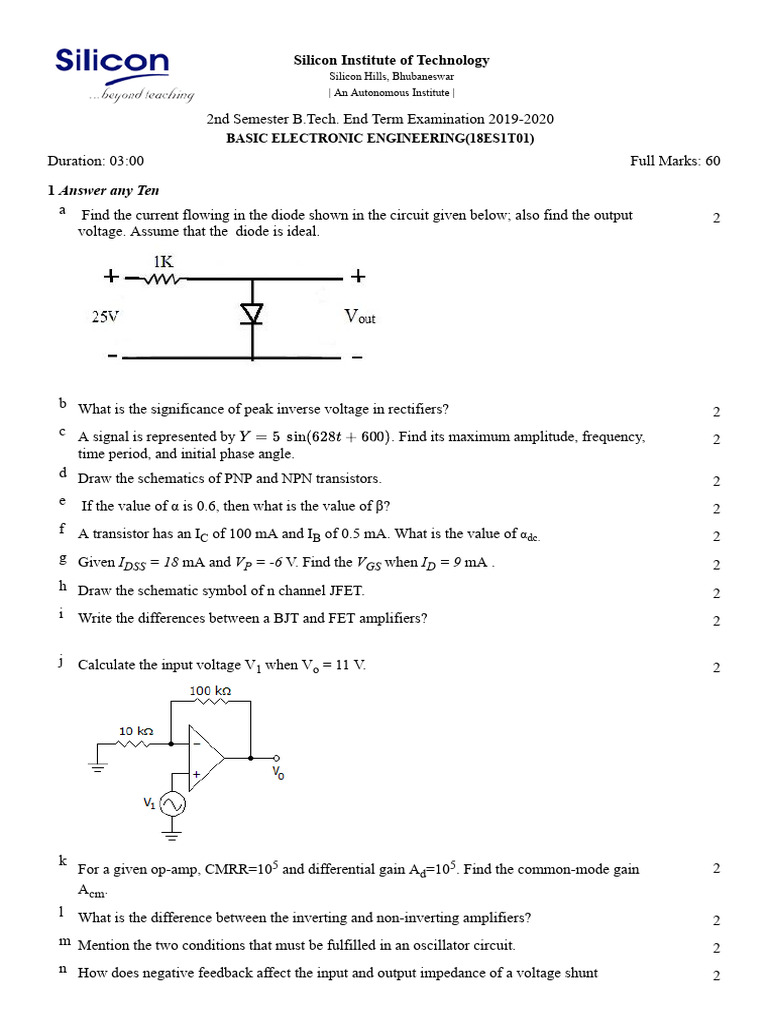 BASIC ELECTRONIC ENGINEERING (18ES1T01) - End-Term Exam - 2019-2020 | PDF | Amplifier | Field ...