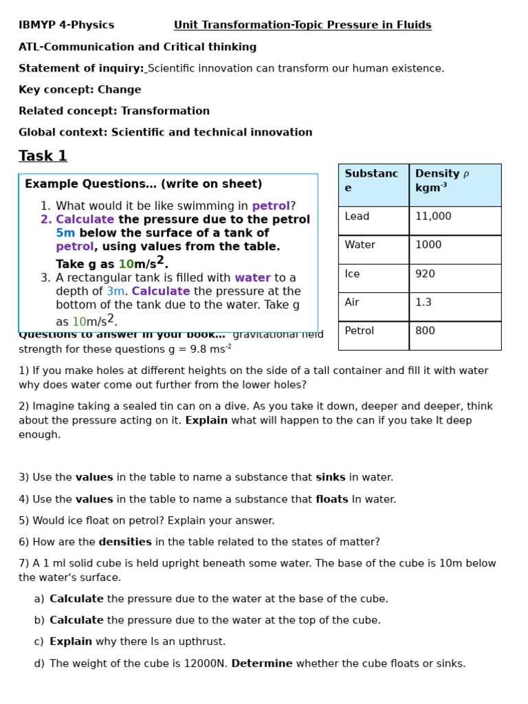 2._Pressure_in_fluids_Worksheet_criteria_A | PDF | Pressure | Buoyancy