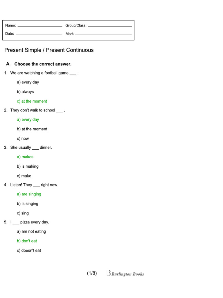 Present Simple - Present Continuous Answers | PDF
