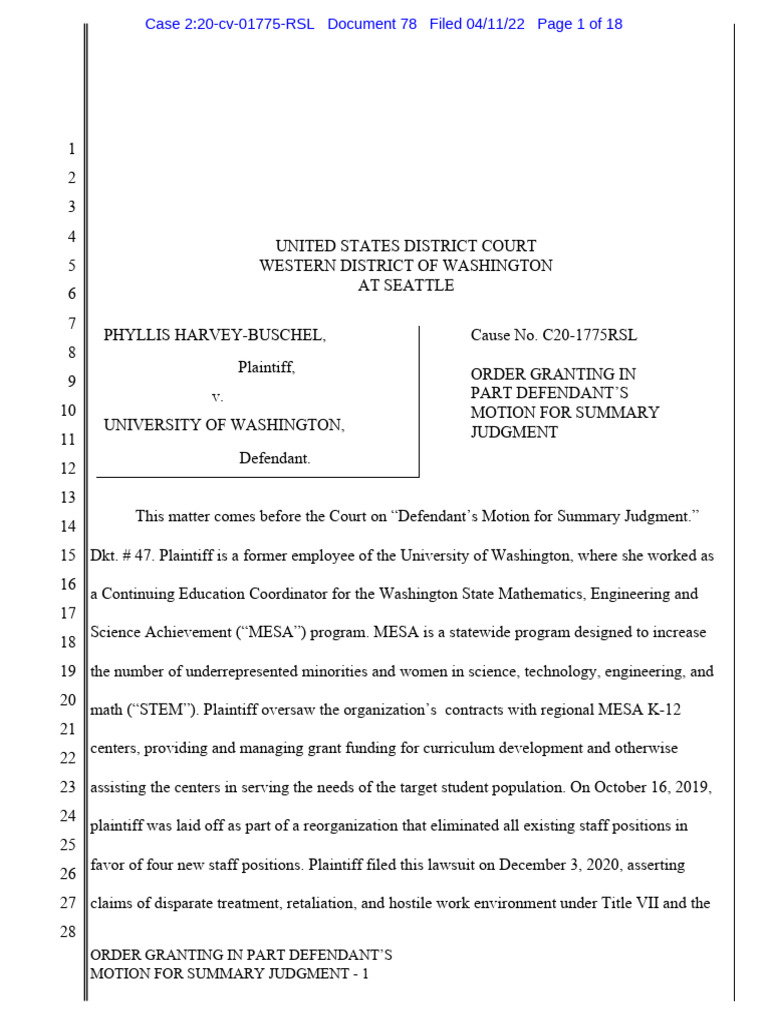 Summary Judgment Order in UW Case | PDF | Summary Judgment | Disparate ...