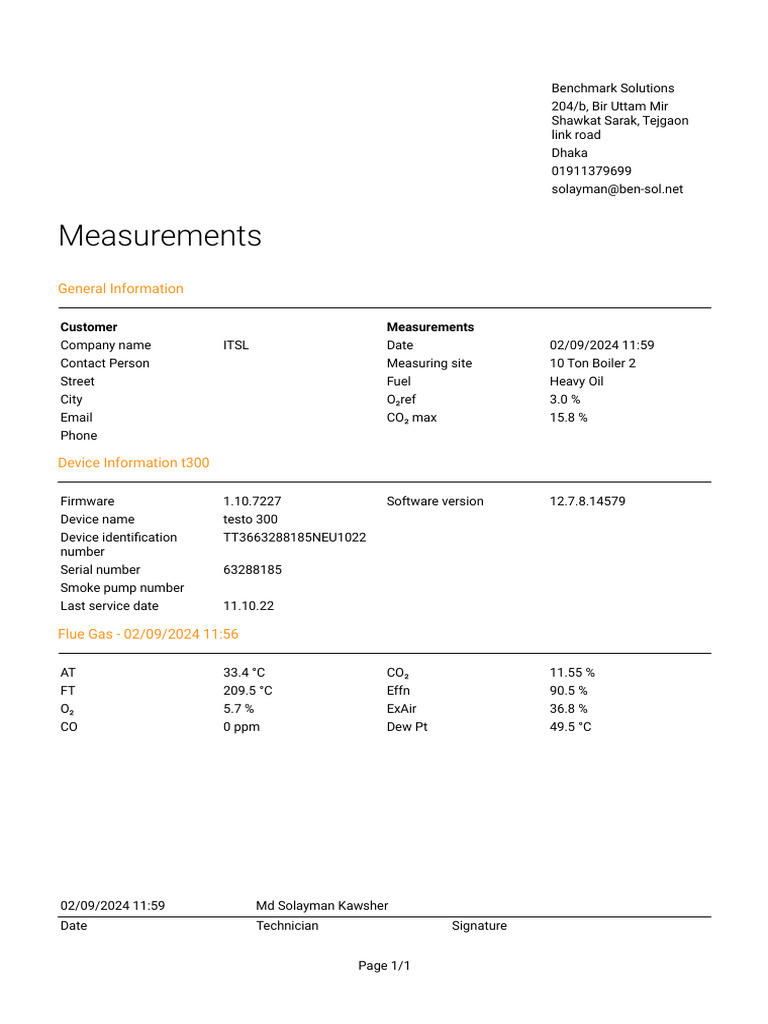 Boiler Flue Gas Analysis Report | PDF