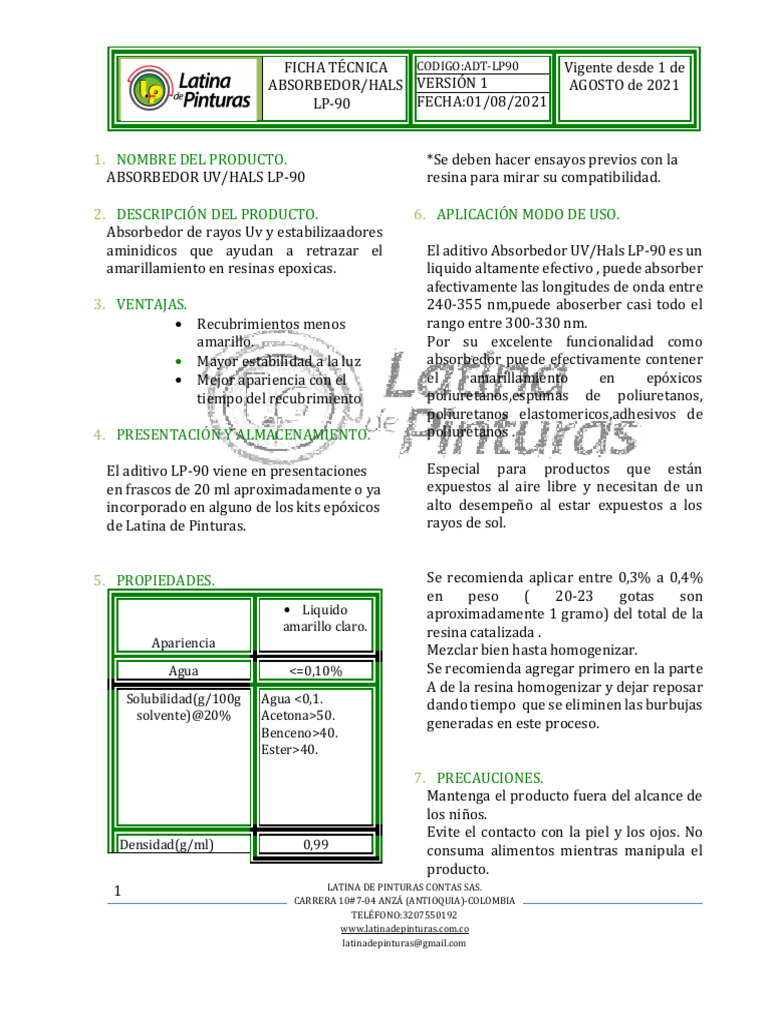 FICHA TÉCNICA ABSORBEDOR HALS LP-90 | PDF | Agua | Ultravioleta