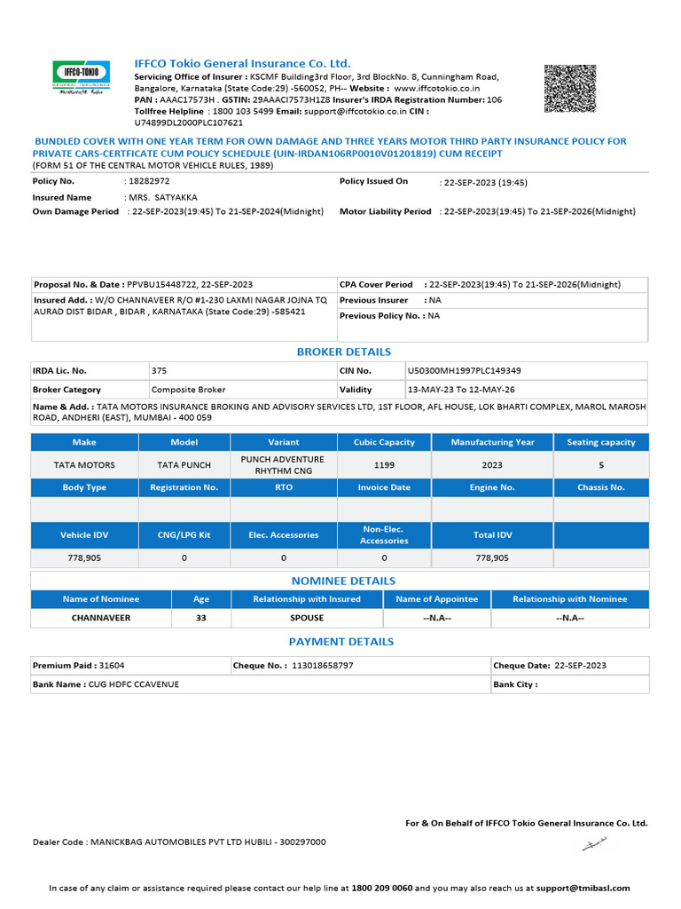 Tata Punch Insurence | PDF | Insurance | Financial Services