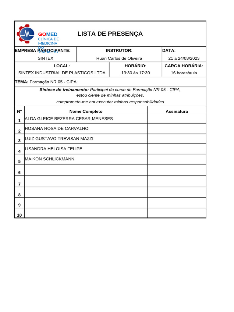Lista de Presença - Formação NR 05 CIPA | PDF