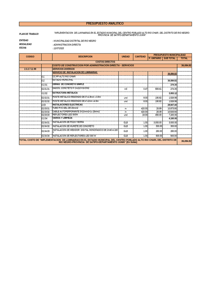 Analitico de Luminarias de Rio Chari | PDF