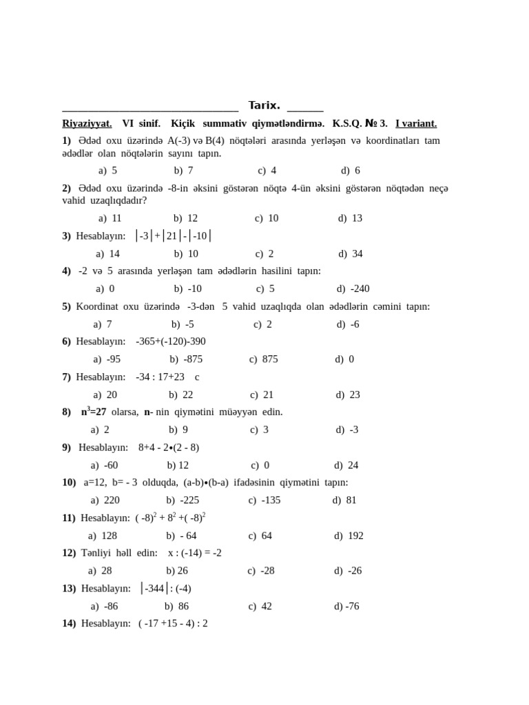 S. Riyaziyyat. K.S.Q. 3. I-II Variant. (1) Kopya | PDF