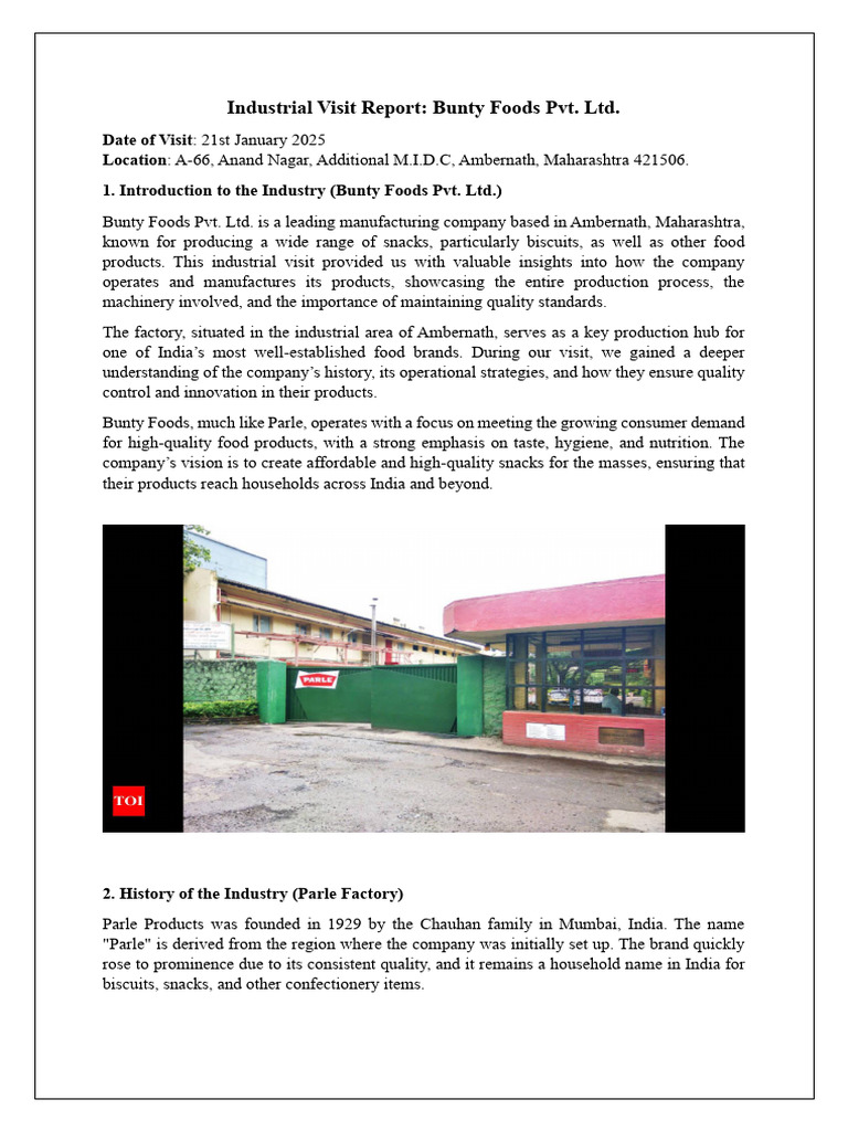 Bunty Foods Pvt. Ltd. Industrial Visit Report | PDF | Biscuit | Economies