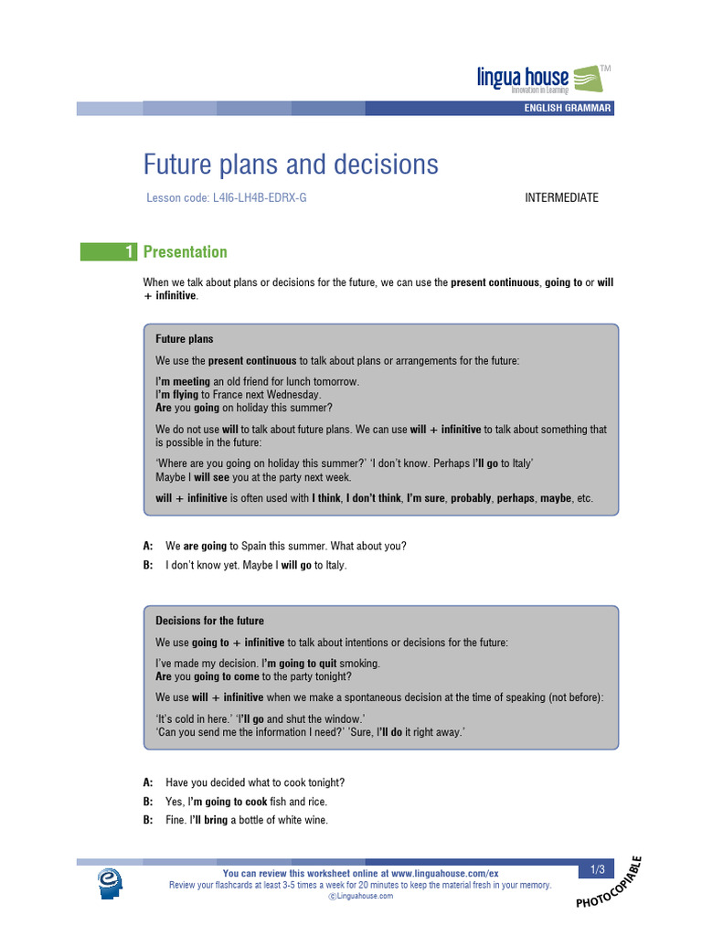 Future Plans and Decisions in English | PDF