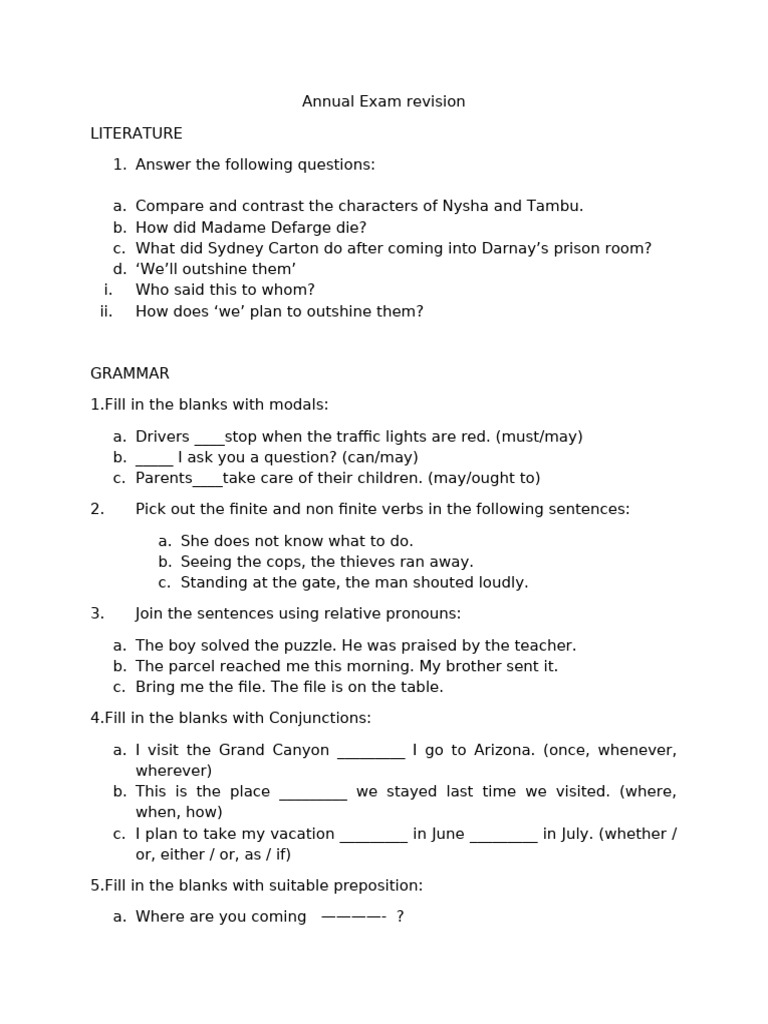 Class VII - Annual Exam - Revision 2024-25 | PDF | Syntax | Linguistic Morphology