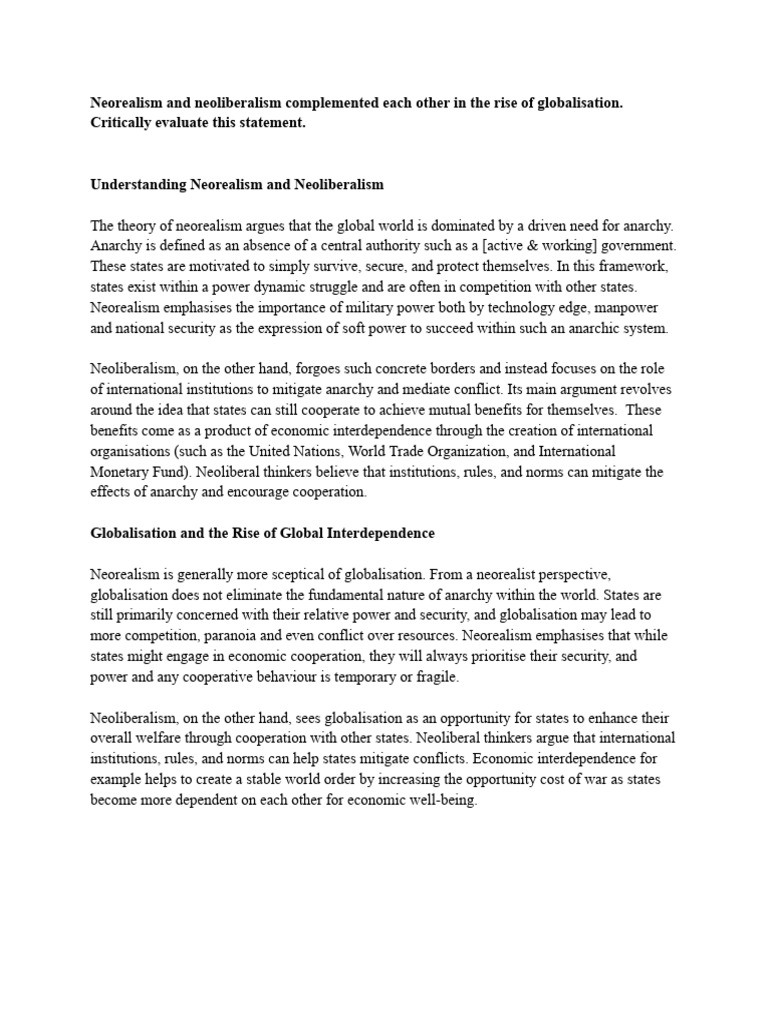 International Relations - Neorealism & Neoliberalism | PDF | Globalization | Political Science
