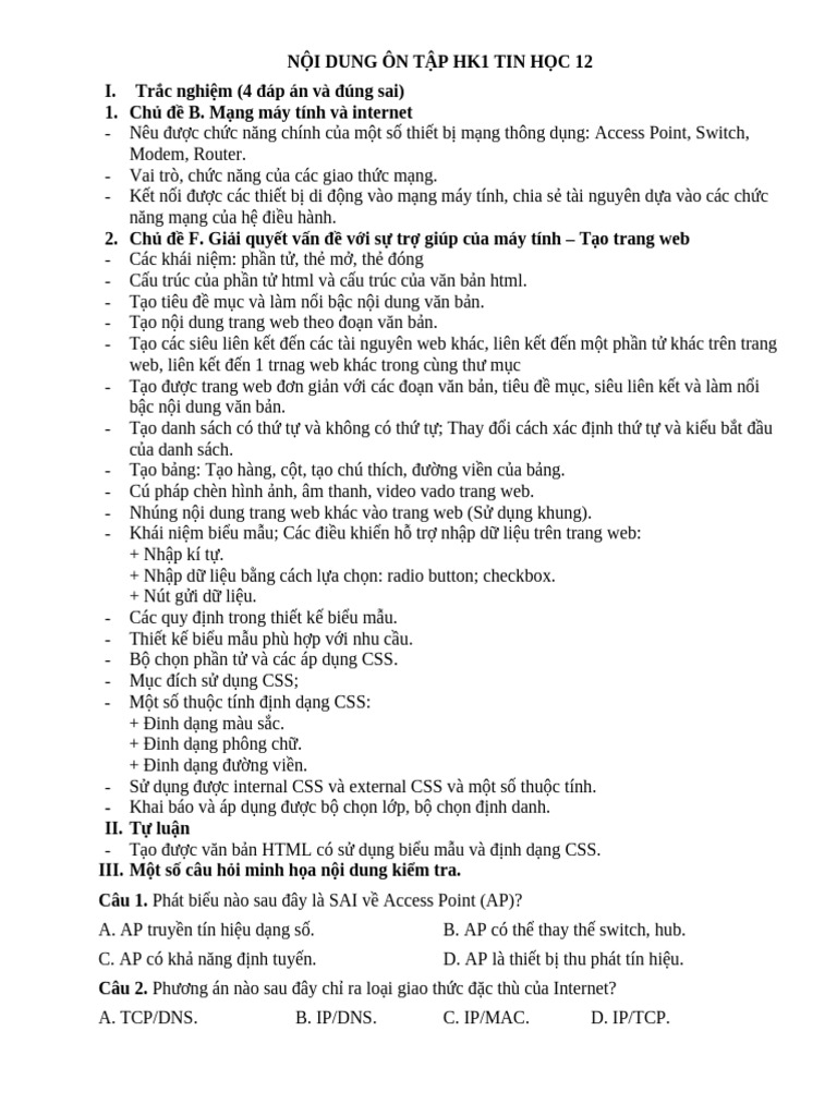 NỘI-DUNG-ÔN-TẬP-HK1-TIN-HỌC-12 | PDF