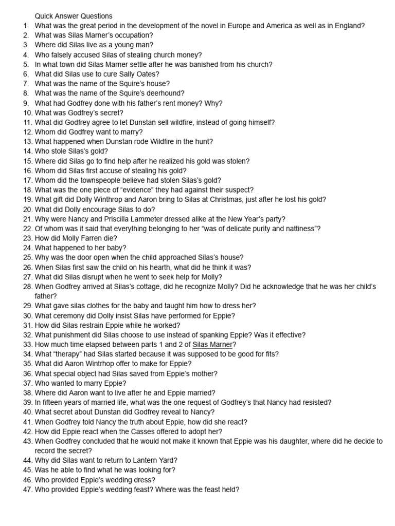 Silas Marner Study Guide Q&A | PDF | Silas Marner
