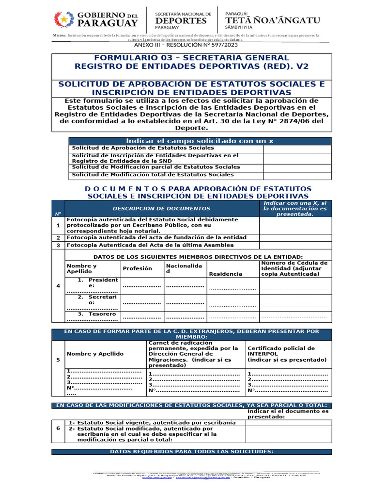 3 Formulario 003 Red Solicitud de Aprobacion e Inscripcion de Estatutos Sociales 1 | PDF