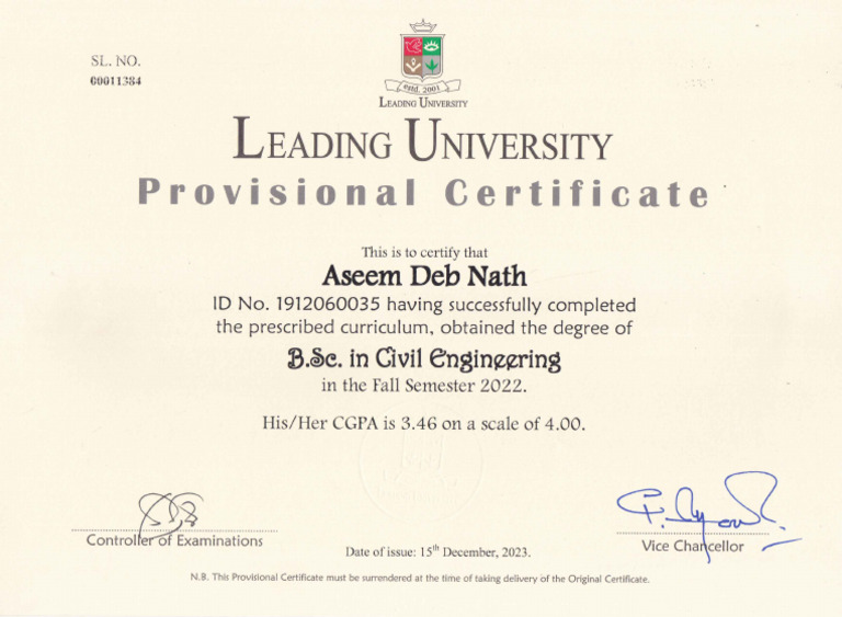 B.Sc in Civil Engineering Certificate | PDF