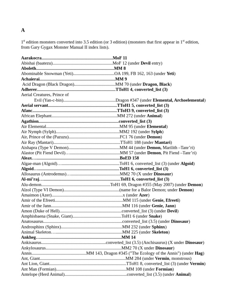 Alphabetical Monster Name List | PDF