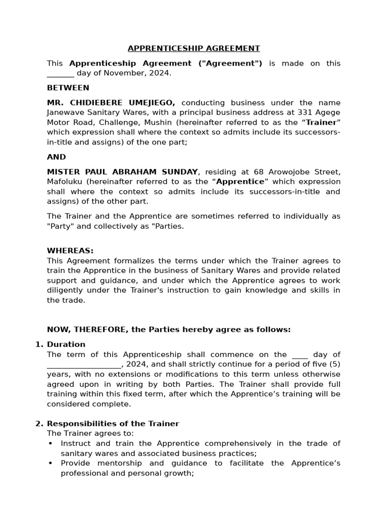 Apprenticeship Agreement | PDF | Apprenticeship | Mediation