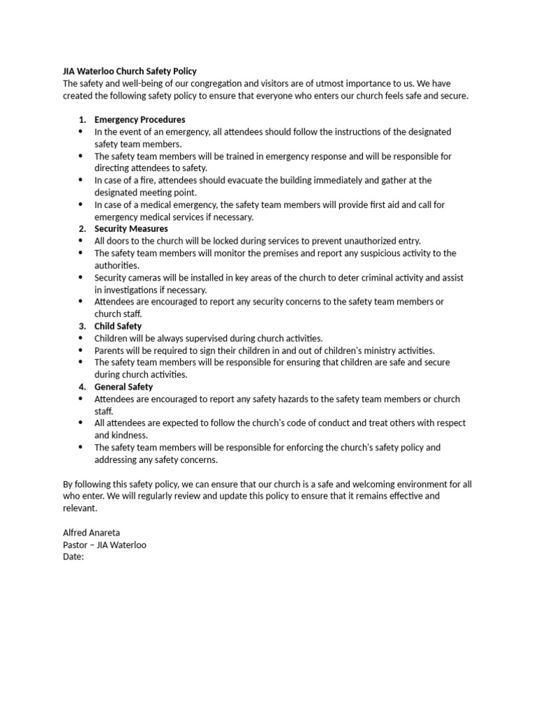 Church Safety Policy Overview | PDF | Safety | Emergency