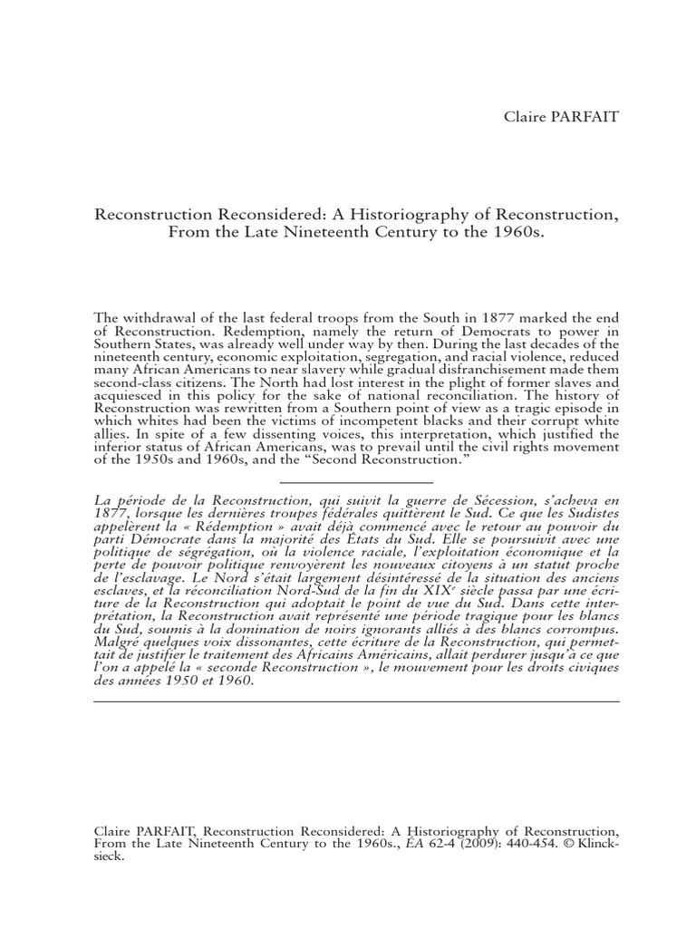 Reconstruction Reconsidered A Historiography of Reconstruction From The ...