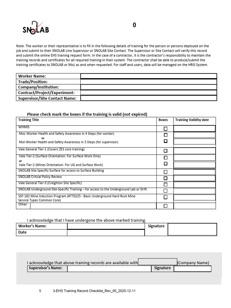 EHS Training Record Checklist | PDF