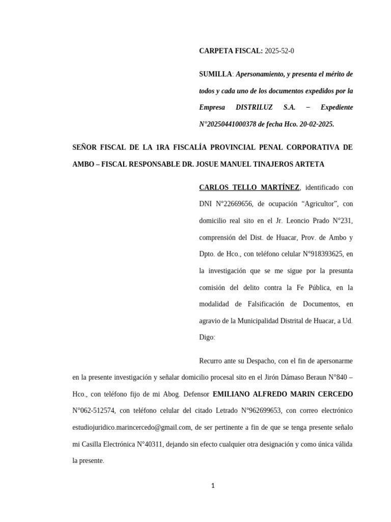 CARLOS TELLO MARTÍNEZ Caso 52-2025 Apersonamiento y Presenta Documentacion de Distriluz | PDF ...