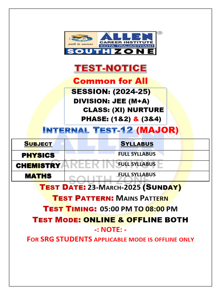 JEE (M+A) IT-12 Nurture Ph-1&2 23-March-2025 (Common For All) (2024-25 ...