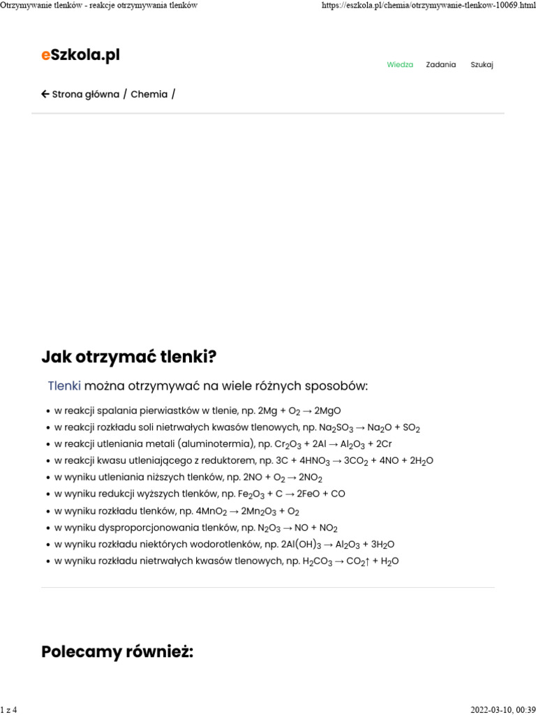 Otrzymywanie Tlenków - Reakcje Otrzymywania Tlenków | PDF