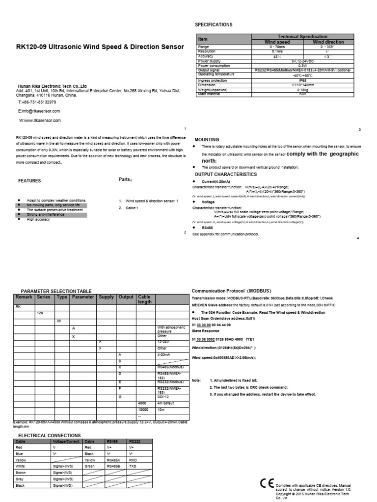 RK120-09 Ultrasonic Wind Speed & Direction Sensor User Manualv1.0 | PDF | Computer Engineering ...