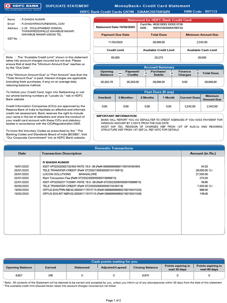 BilledStatements 0736 21-02-25 00.00 | PDF | Credit Card | Banks