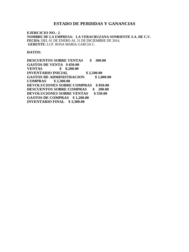 Ejerc. 2 Estado de Perdidas y Ganancias - 000 | PDF