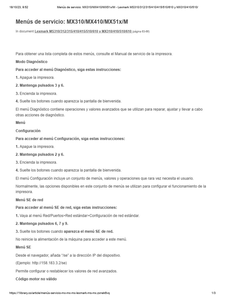 Guía de Menús de Servicio Lexmark | PDF | Impresora (Computación ...