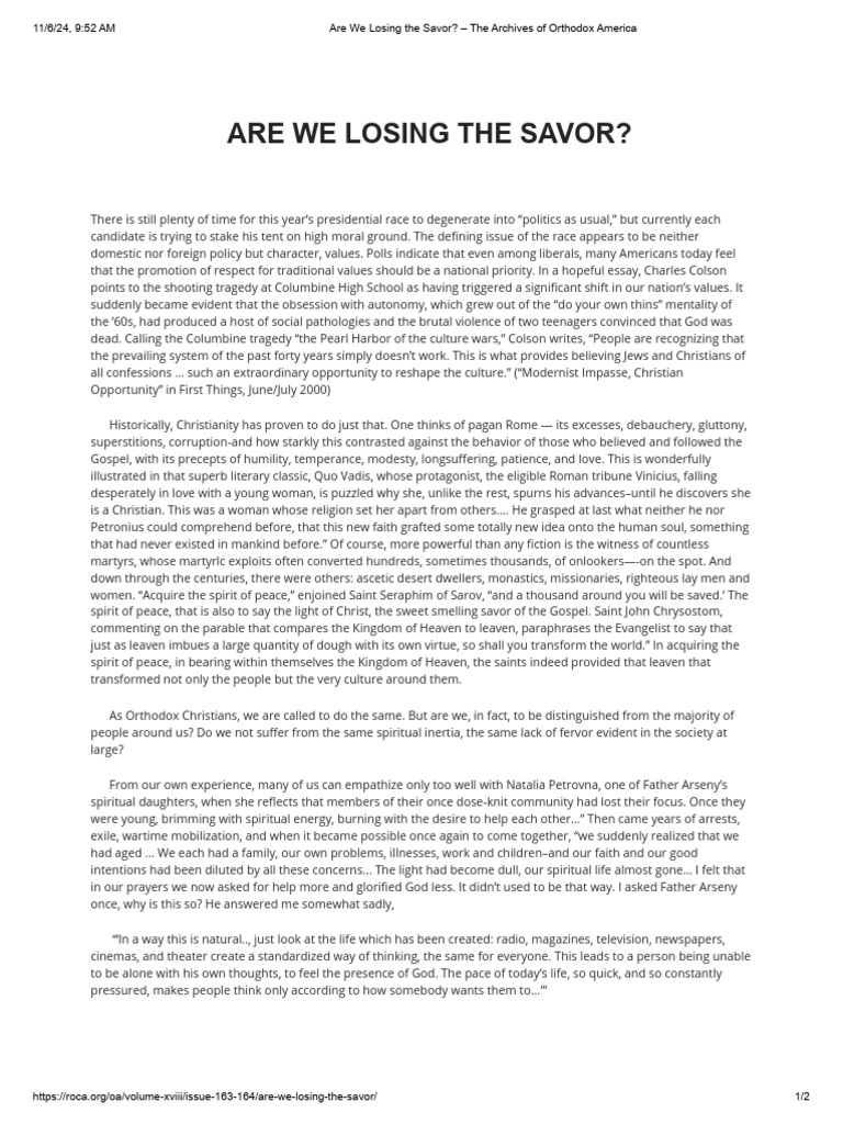 Are We Losing The Savor - The Archives of Orthodox America | PDF ...