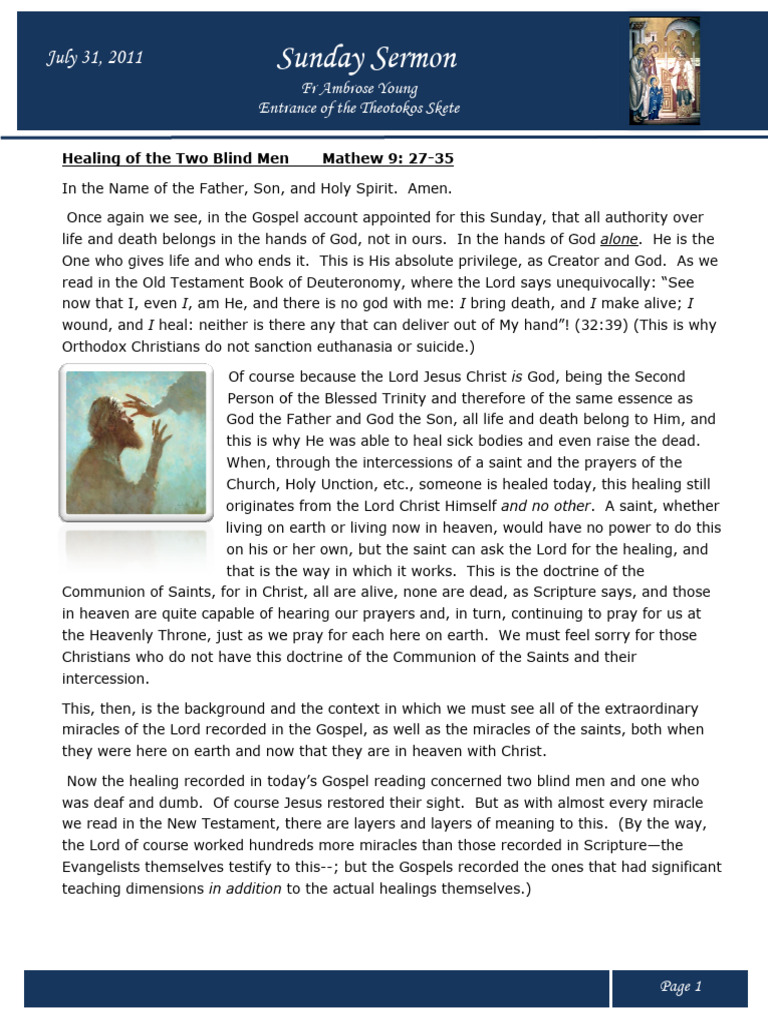 Healing of the Blind: Sunday Sermon | PDF | Jesus | Saint