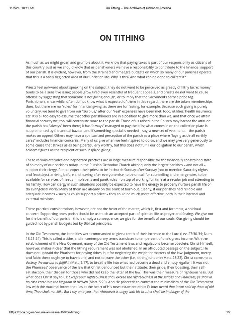 On Tithing - The Archives of Orthodox America | PDF | Tithe | Righteousness
