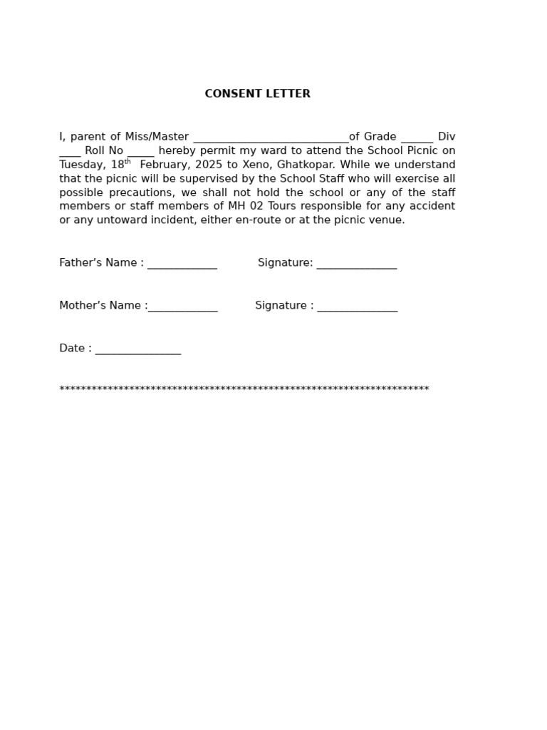 Parent Consent for School Picnic | PDF