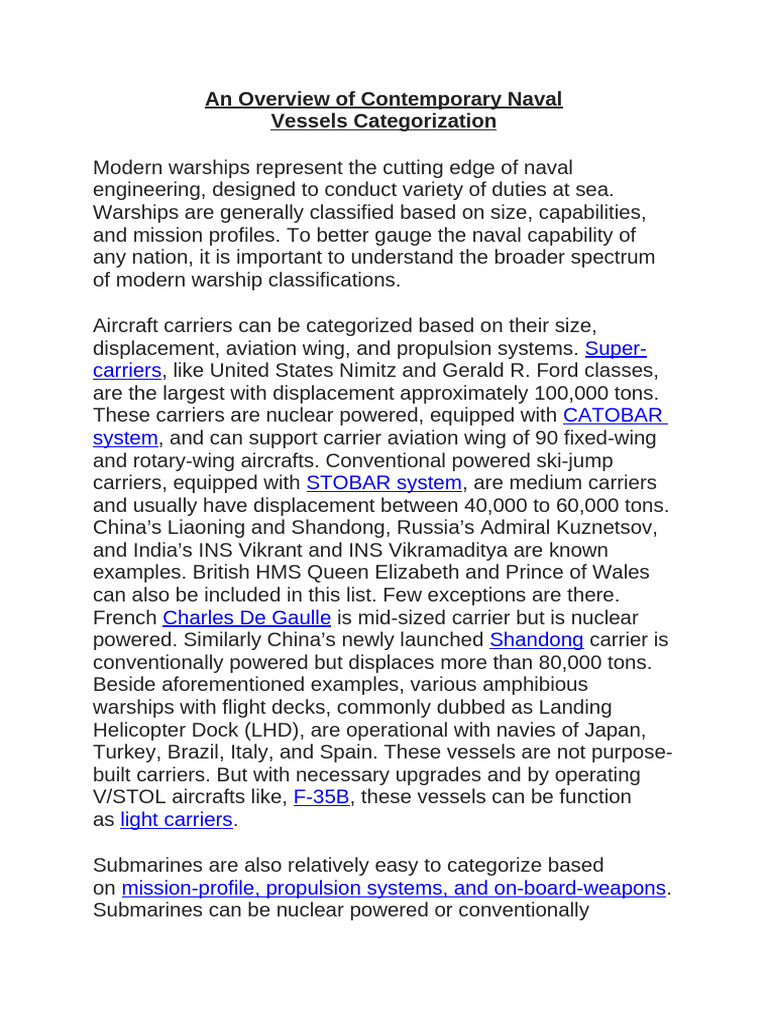 An Overview of Contemporary Naval Vessels Categorization | PDF | Aircraft Carrier | Cruiser