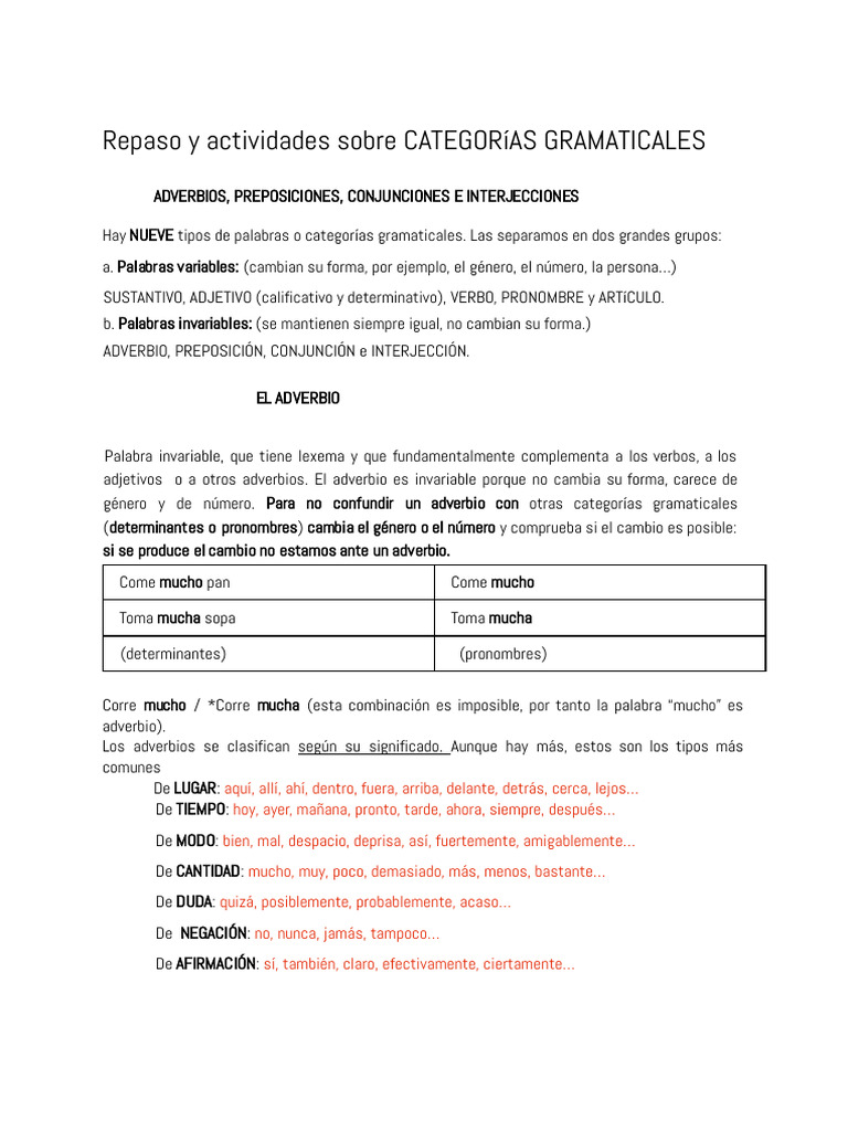 Adverbios, Preposiciones, Conjunciones e Interjecciones. Repaso y ...
