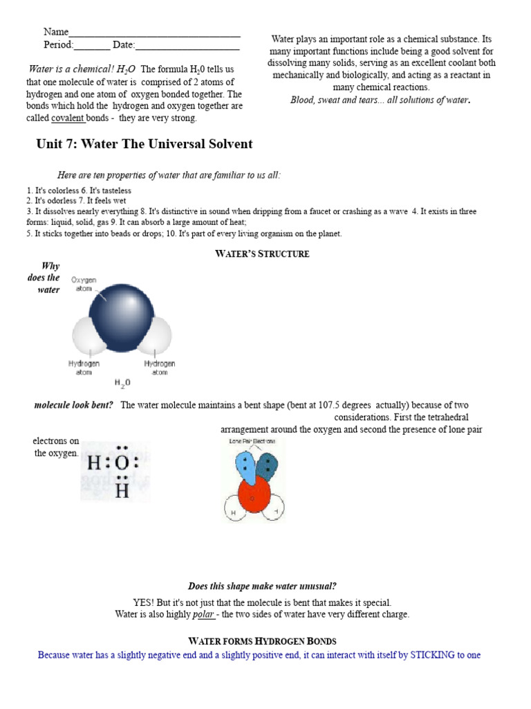 Unit 7 Water - Universal Solvent | PDF | Water | Properties Of Water