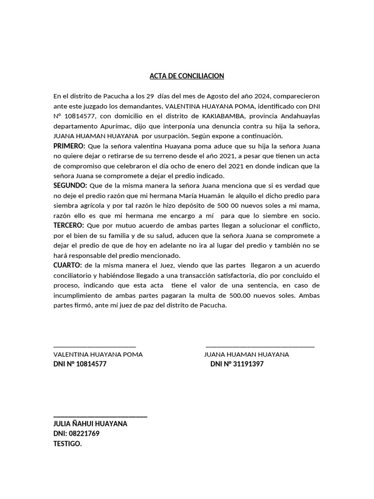 Acta de Concilicion Por Acurdo Mutuo | PDF