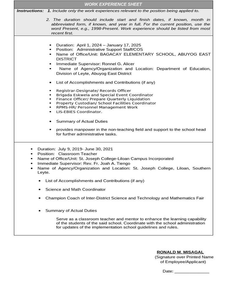 Work Experience Summary | PDF | Learning