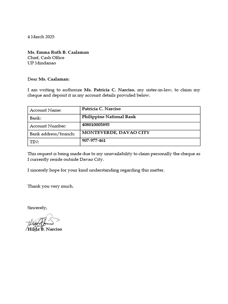 De Asis-Cheque-Authorization Letter | PDF