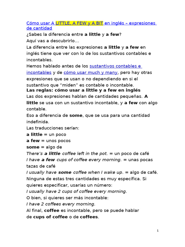 Uso de A Little, A Few y A Bit en Inglés | PDF