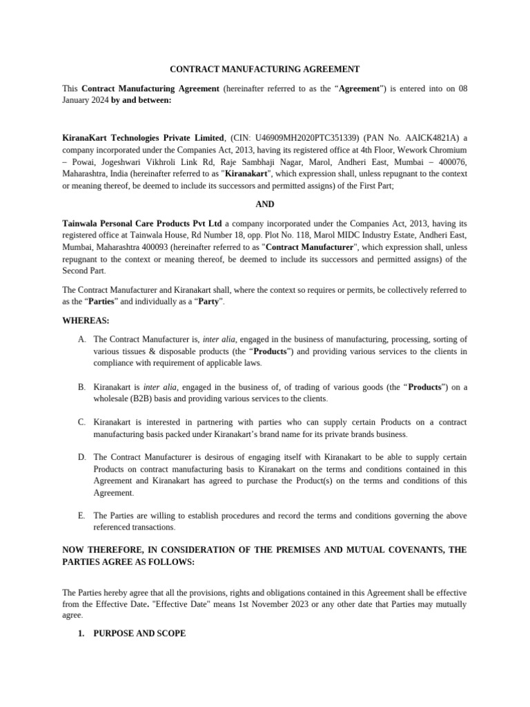 Contract Manufacturing Agreement Draft - KTPL X Tainwala 17th Jan'24 ...