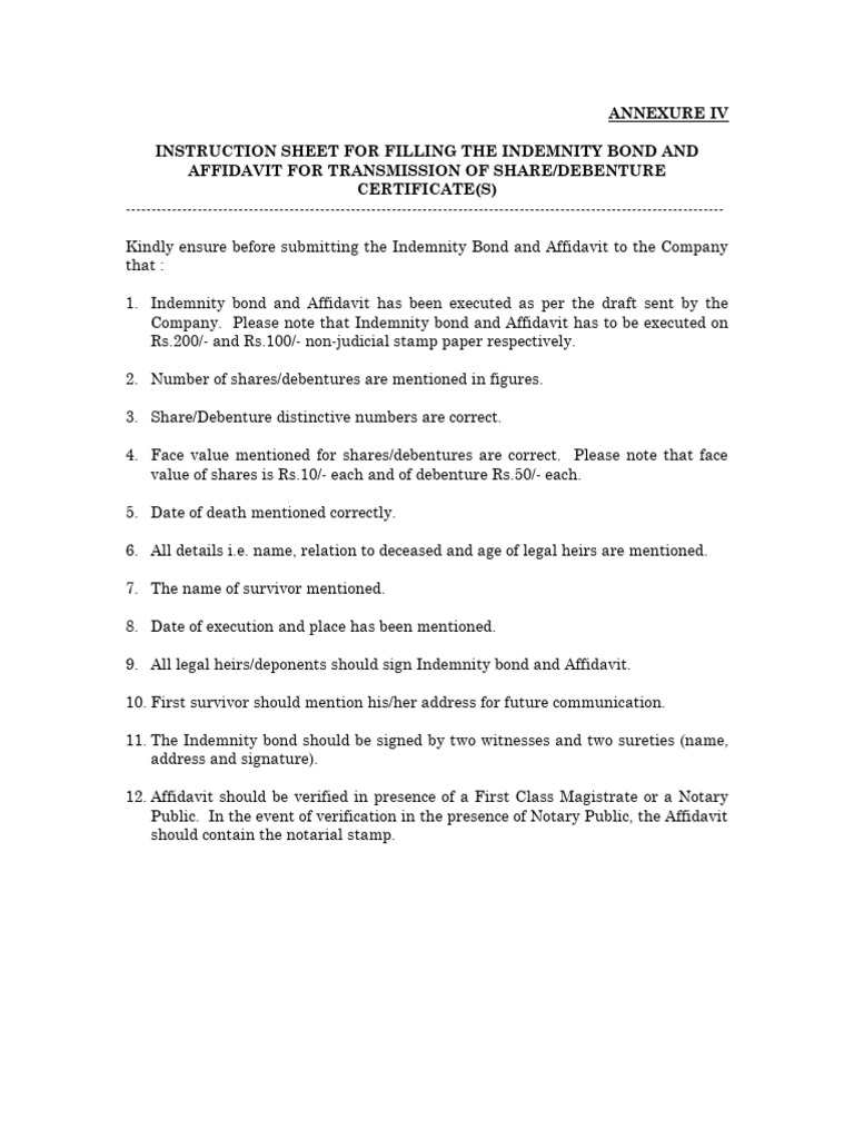 Deed of Indemnity Cum Surety by Legal Heirs For Transmission of Shares ...
