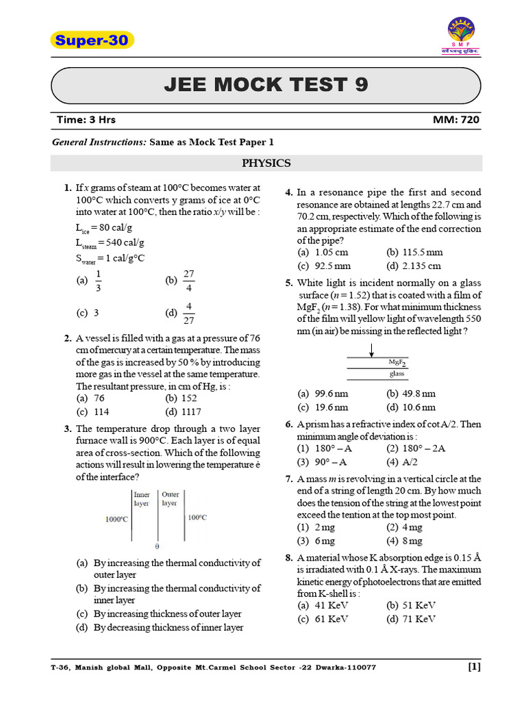 JEE Mock Test-9 Final | PDF | Chemical Reactions | Electronvolt