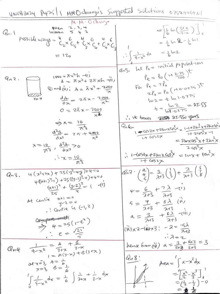 2024 UACE Math1 Solutions M.M.ochunju | PDF