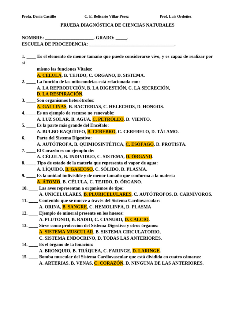 Prueba Diagnóstica de Ciencias Naturales | PDF